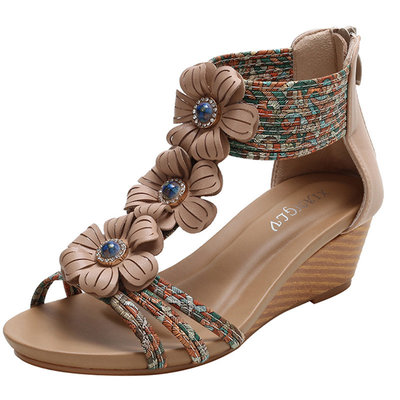 BS163 Wedge Heel Sandals Women'S Seasonal New Ethnic Style All-Match High-Heeled Platform Open-Toe Fashion Mother Sandal