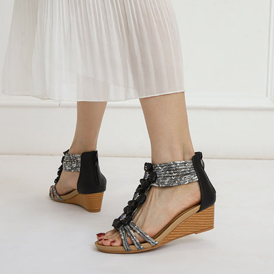 BS163 Wedge Heel Sandals Women'S Seasonal New Ethnic Style All-Match High-Heeled Platform Open-Toe Fashion Mother Sandal