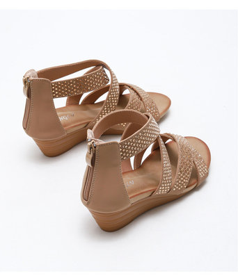 BS165 Fashion Sandals Women'S European And American Rhinestone Cross Strap Back Zipper Wedge Heel Mid-Heel Women'S Shoes