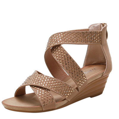 BS165 Fashion Sandals Women'S European And American Rhinestone Cross Strap Back Zipper Wedge Heel Mid-Heel Women'S Shoes