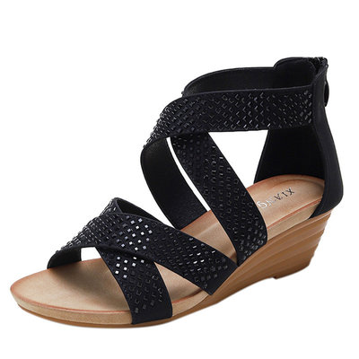 BS165 Fashion Sandals Women'S European And American Rhinestone Cross Strap Back Zipper Wedge Heel Mid-Heel Women'S Shoes