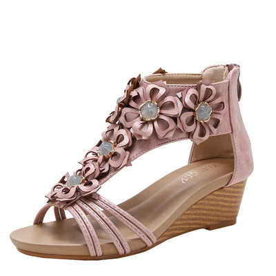 BS167 Fashion Sandals Women'S European And American Rhinestone Cross Strap Back Zipper Wedge Heel Mid-Heel Women'S Shoes