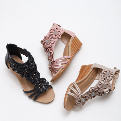 BS167 Fashion Sandals Women'S European And American Rhinestone Cross Strap Back Zipper Wedge Heel Mid-Heel Women'S Shoes