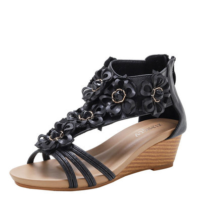 BS167 Fashion Sandals Women'S European And American Rhinestone Cross Strap Back Zipper Wedge Heel Mid-Heel Women'S Shoes