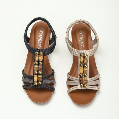 BS168 Fashion Sandals Women'S European And American Rhinestone Cross Strap Back Zipper Wedge Heel Mid-Heel Women'S Shoes