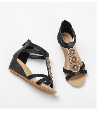BS171 Fashion Sandals Women'S European And American Rhinestone Cross Strap Back Zipper Wedge Heel Mid-Heel Women'S Shoes
