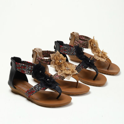 BS173 Fashion Sandals Women'S European And American Rhinestone Cross Strap Back Zipper Wedge Heel Mid-Heel Women'S Shoes