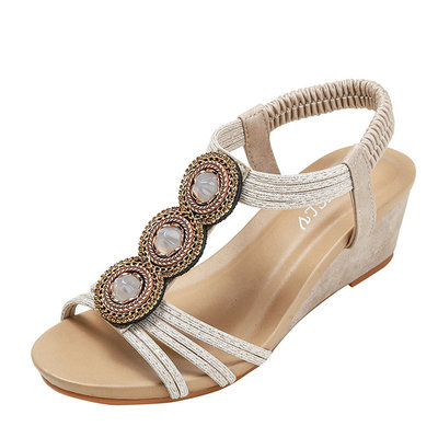 BS174 Fashion Sandals Women'S European And American Rhinestone Cross Strap Back Zipper Wedge Heel Mid-Heel Women'S Shoes