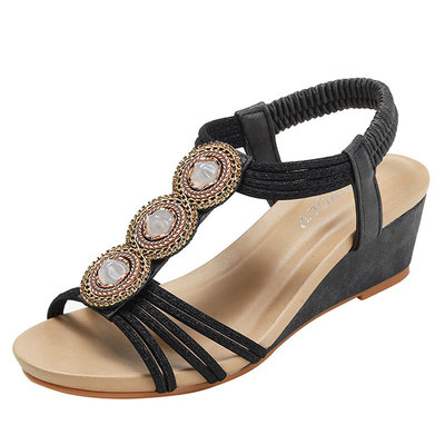 BS174 Fashion Sandals Women'S European And American Rhinestone Cross Strap Back Zipper Wedge Heel Mid-Heel Women'S Shoes