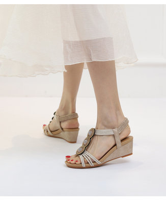BS174 Fashion Sandals Women'S European And American Rhinestone Cross Strap Back Zipper Wedge Heel Mid-Heel Women'S Shoes