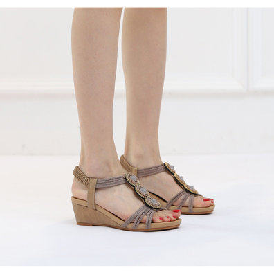 BS174 Fashion Sandals Women'S European And American Rhinestone Cross Strap Back Zipper Wedge Heel Mid-Heel Women'S Shoes