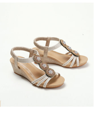 BS174 Fashion Sandals Women'S European And American Rhinestone Cross Strap Back Zipper Wedge Heel Mid-Heel Women'S Shoes