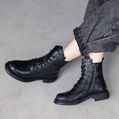 HZM041 Single Shoes Women'S Spring New Thick Heel Pointed Literary Single Shoes Retro Soft Leather Mules Leather Shoes W