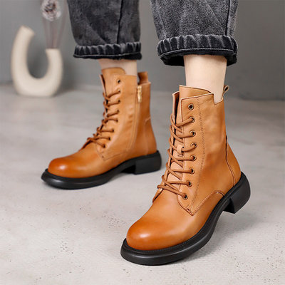 HZM041 Single Shoes Women'S Spring New Thick Heel Pointed Literary Single Shoes Retro Soft Leather Mules Leather Shoes W