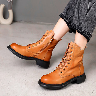 HZM041 Single Shoes Women'S Spring New Thick Heel Pointed Literary Single Shoes Retro Soft Leather Mules Leather Shoes W