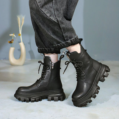 HZM042 Single Shoes Women'S Spring New Thick Heel Pointed Literary Single Shoes Retro Soft Leather Mules Leather Shoes W