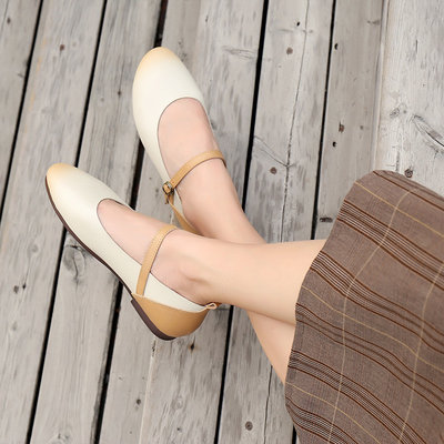 HZM043 Single Shoes Women'S Spring New Thick Heel Pointed Literary Single Shoes Retro Soft Leather Mules Leather Shoes W