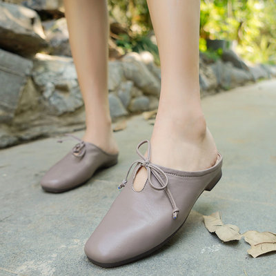 HZM044 Single Shoes Women'S Spring New Thick Heel Pointed Literary Single Shoes Retro Soft Leather Mules Leather Shoes W