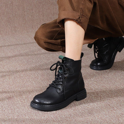 HZM045 Single Shoes Women'S Spring New Thick Heel Pointed Literary Single Shoes Retro Soft Leather Mules Leather Shoes W