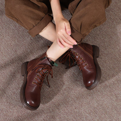 HZM045 Single Shoes Women'S Spring New Thick Heel Pointed Literary Single Shoes Retro Soft Leather Mules Leather Shoes W