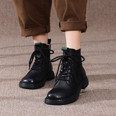 HZM045 Single Shoes Women'S Spring New Thick Heel Pointed Literary Single Shoes Retro Soft Leather Mules Leather Shoes W
