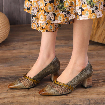HZM048 Single Shoes Women'S Spring New Thick Heel Pointed Literary Single Shoes Retro Soft Leather Mules Leather Shoes W