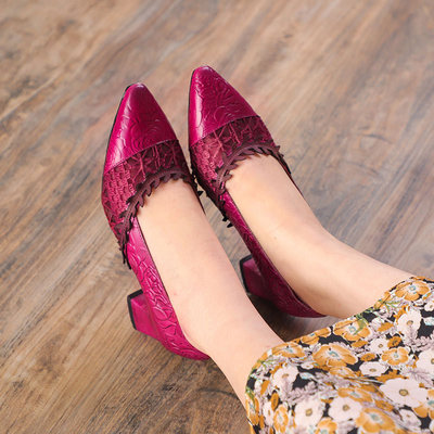HZM048 Single Shoes Women'S Spring New Thick Heel Pointed Literary Single Shoes Retro Soft Leather Mules Leather Shoes W