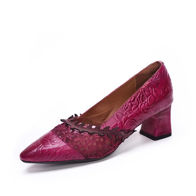 HZM048 Single Shoes Women'S Spring New Thick Heel Pointed Literary Single Shoes Retro Soft Leather Mules Leather Shoes W