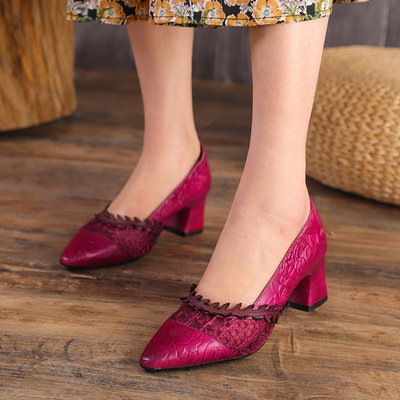 HZM048 Single Shoes Women'S Spring New Thick Heel Pointed Literary Single Shoes Retro Soft Leather Mules Leather Shoes W