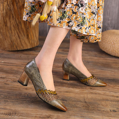 HZM048 Single Shoes Women'S Spring New Thick Heel Pointed Literary Single Shoes Retro Soft Leather Mules Leather Shoes W