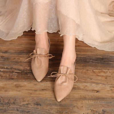 HZM049 Single Shoes Women'S Spring New Thick Heel Pointed Literary Single Shoes Retro Soft Leather Mules Leather Shoes W
