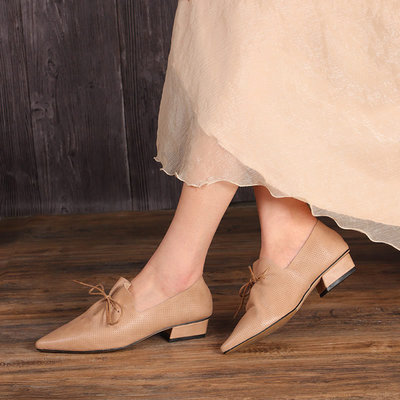 HZM049 Single Shoes Women'S Spring New Thick Heel Pointed Literary Single Shoes Retro Soft Leather Mules Leather Shoes W