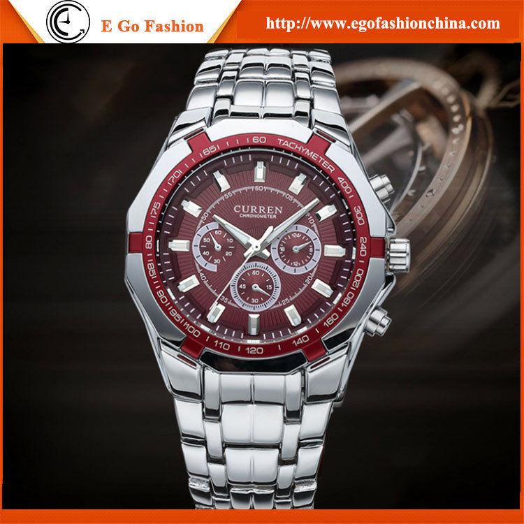 CURREN 8084 Fashion Watch Business Man Watches Red Wine Black 3 Subdials Stainless Watch