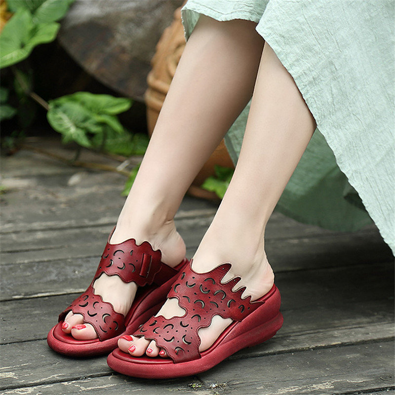 S012 Handmade original first layer leather fish mouth wedge heel women's sandals retro style thick-soled soft leather wo