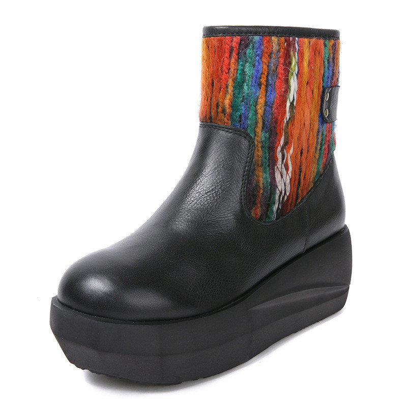 S031 Winter new fleece warm leather women's boots original leather hit color casual slope heel platform women's boots