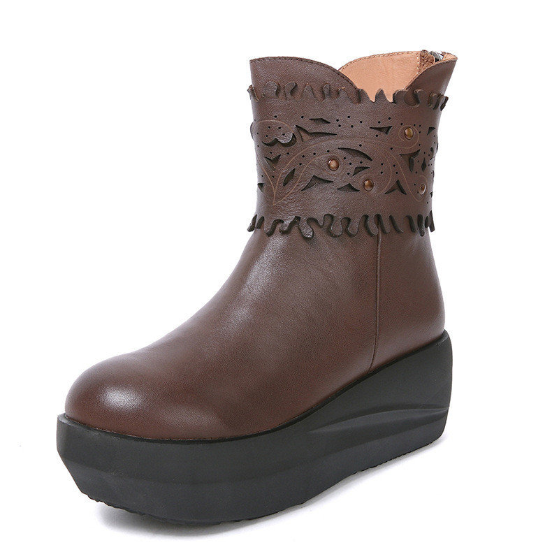 S032 Autumn and winter new thick-soled wedges leather women boots round head fluffy warm boots Martin boots non-slip cas