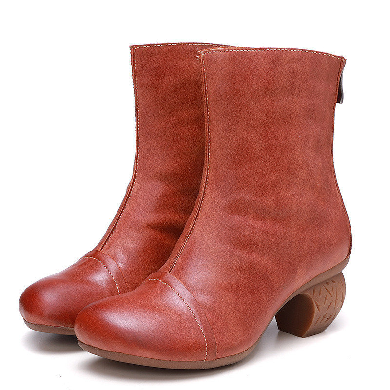 S041 retro leather thick heel short boots women's boots mid-heel women boots fluffy top layer cowhide Martin boots