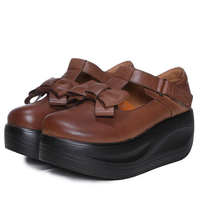 S053 Round toe retro women's shoes thick bottom wedges leather top layer single shoes bowknot velcro non-slip casual