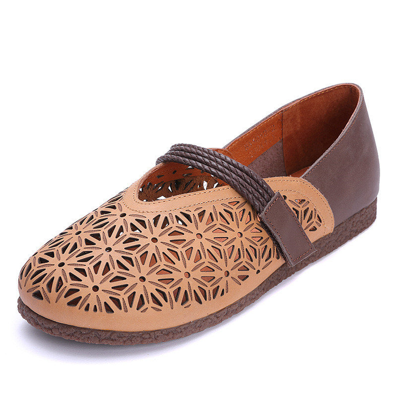 S057  new retro hollow stitching leather women's shoes original handmade velcro shallow mouth single shoes lazy shoes
