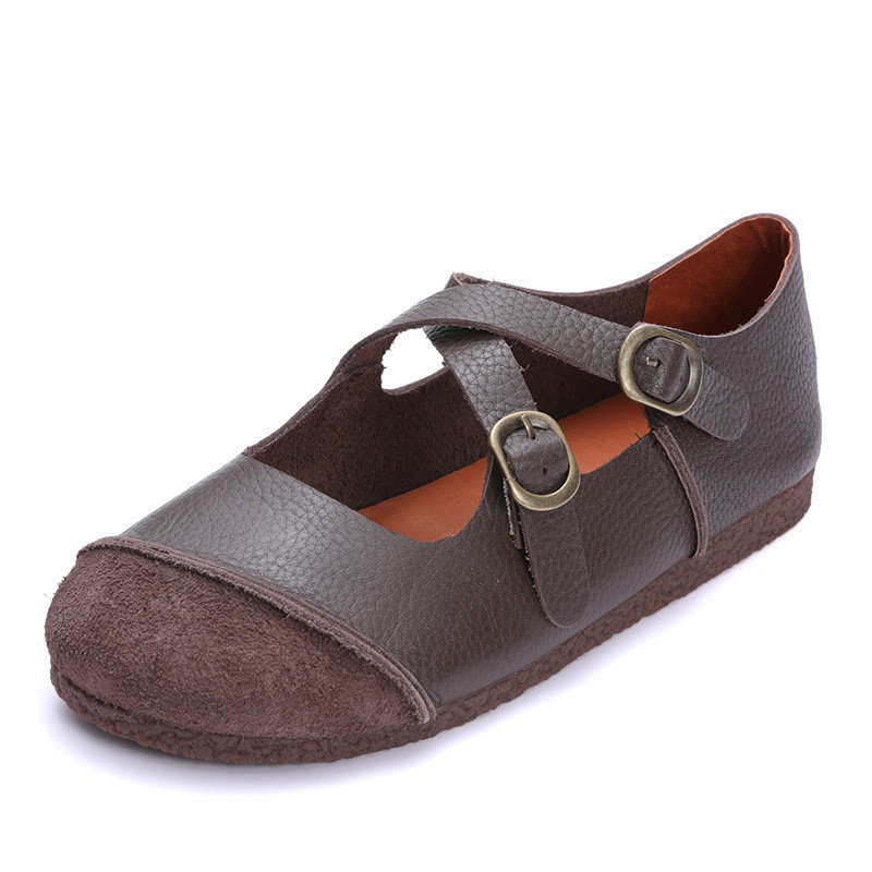 S059 Factory retro contrast stitching leather women's shoes original handmade belt buckle shallow shoes