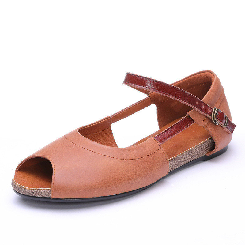 S063 Summer new leather retro handmade metal buckle fish mouth flat shallow mouth women's shoes
