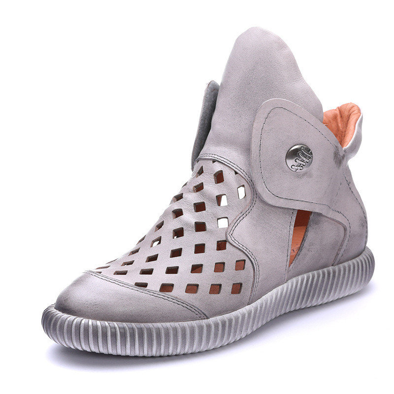 S065 Summer new leather retro handmade velcro rhombus hollow round flat women's shoes