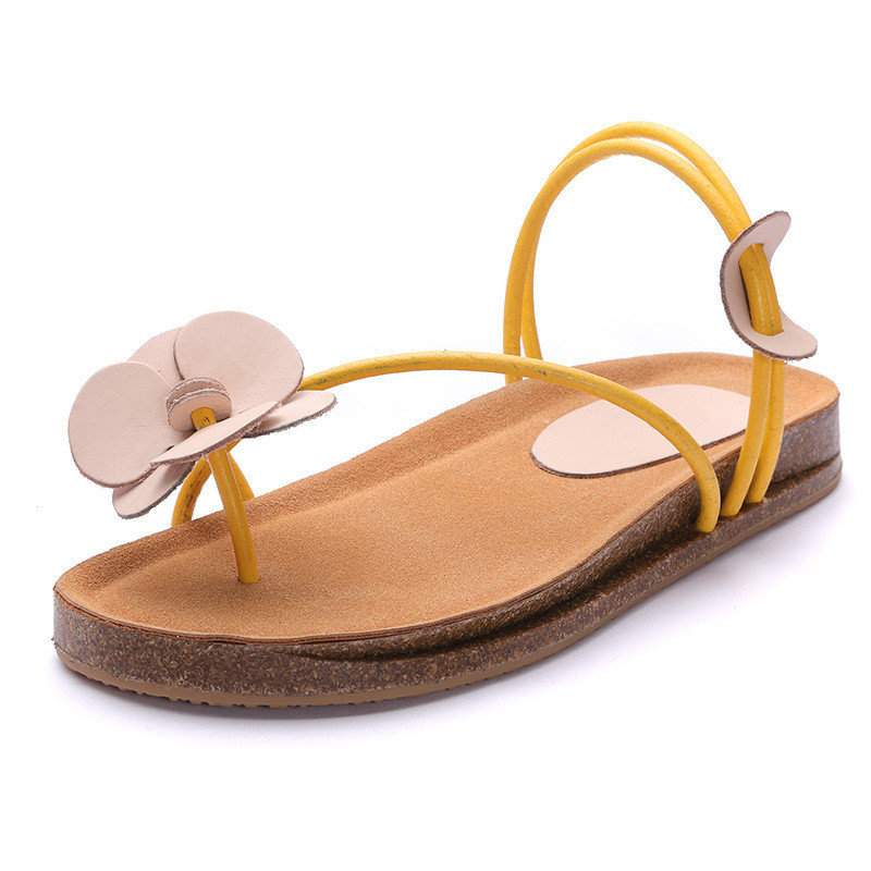 S067 Sandals women 2020 summer leather shrink buckle retro handmade three-dimensional flowers flat bottom female sandals