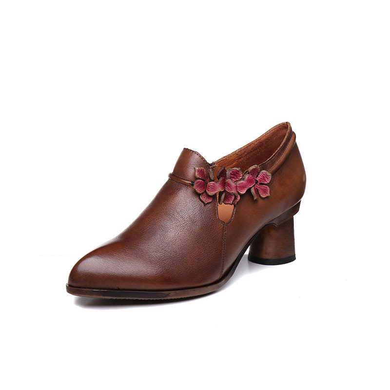 S119 2020 new leather women's shoes Huizu beauty fashion temperament high heels pointed flowers convenient side zipper