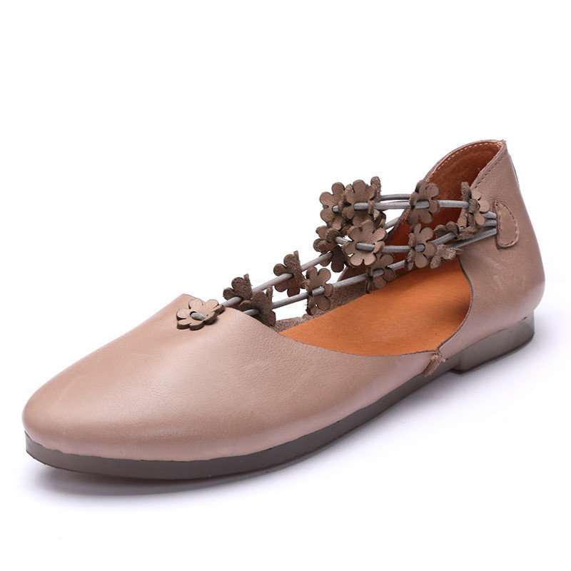 S145 Factory simple pure color sweet flowers small fresh single shoes flat leather handmade art spring women's shoes