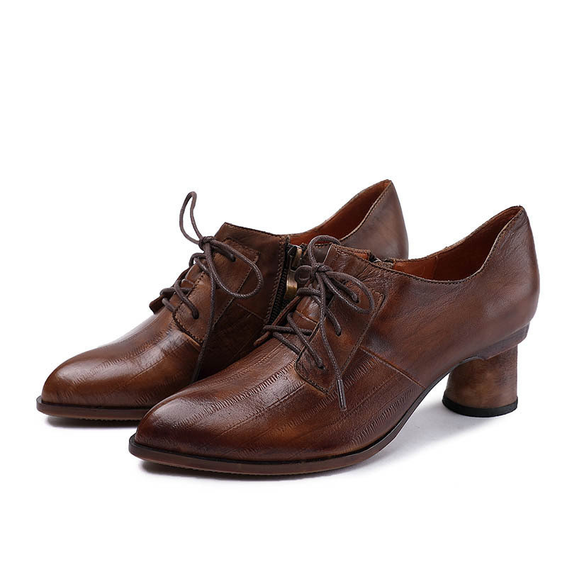 S163 Factory retro oil wax leather autumn and winter new high heels temperament wild fashion handmade ethnic style women