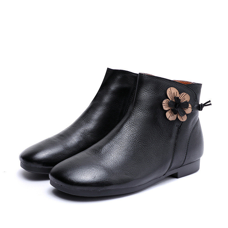 S229 Low-barreled handmade fresh literary style women's short boots top layer cowhide flat bottom Mori fashion all-match