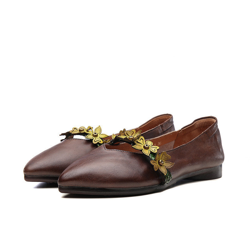 S274 2020 Fashion All-Match Spring New Women'S Shoes Literary Flowers Flat-Bottomed Handmade Pointed Leather Shoes