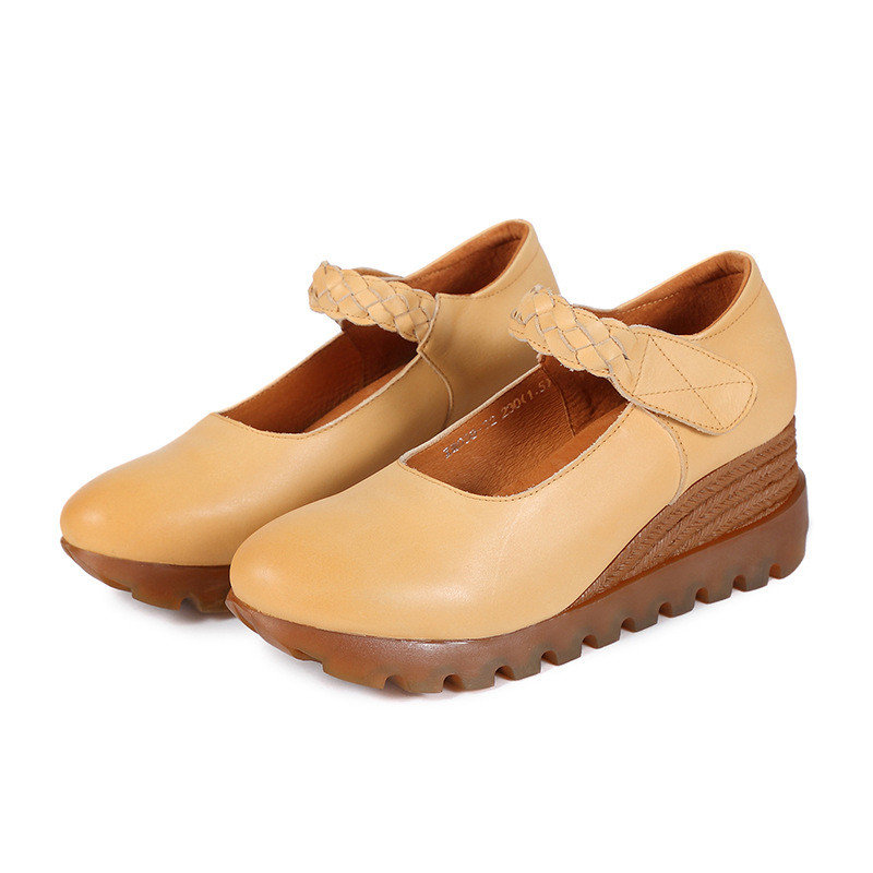S288 New Style Genuine Leather Thick-Soled Slope Heel Spring Shoes Factory Direct Sales Pure Color Simple Leather Ethnic