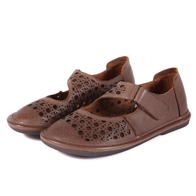 S289 Home magic buckle leather simple hollow new women's shoes, retro ethnic soft and comfortable single shoes processin